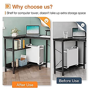 ODK Small L Shaped Computer Desk with Reversible Storage Shelves, 40 Inch L-Shaped Corner Desk with Monitor Stand for Small Space, Modern Simple Writing Study Table for Home Office Workstation, Black