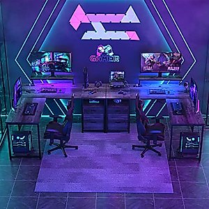 Unikito L-Shaped Desk with Power Outlet and LED Strip, L Shaped Computer Corner Desk with Reversible File Drawer and Monitor Stand, Gaming Table Writing Desk for Home Office Workstation, Black Oak