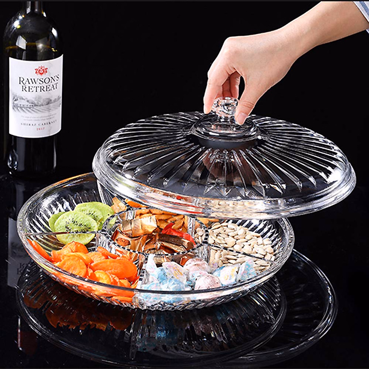 Creative Acrylic Multifunctional Party Snack Tray with Lid,Serving Dishes for Dried Fruits Nuts Candies Fruits,6-Compartment (Round)