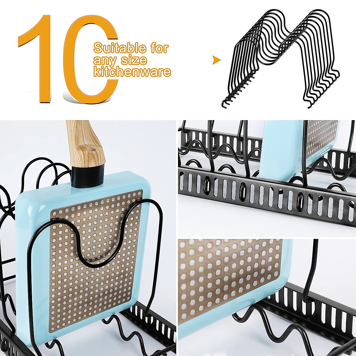 Expandable Pots and Pans Organizer Rack for Cabinet【Updated】10 Dividers, Adjustable Pot Pan Lid Holder, Multi-Functional Frying Pan Drying Rack, Cutting Board Holder Rack(Black)