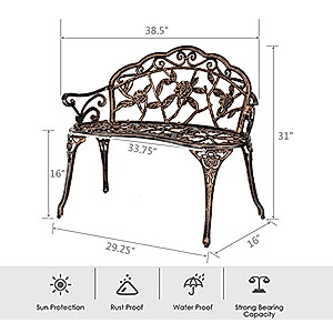 JOYBASE Outdoor Bench, Metal Patio Bench, Cast Iron Bench, Porch Bench, Cast Aluminum Bench, Garden Bench, Bronze