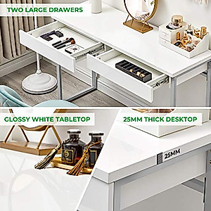 GreenForest Vanity Desk with 2 Drawers Glossy White 47 inch Modern Home Office Computer Writing Desk Makeup Dressing Table with Metal Silver Legs for Bedroom,Without Mirror