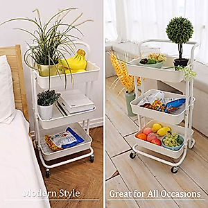 Piowio 3 Tier Utility Rolling Cart Multifunction Organizer Shelf Storage Cart with 3 Pieces Cups and 8 Pieces Hooks for Home Kitchen Bathroom Laundry Room Office Store etc. (White)
