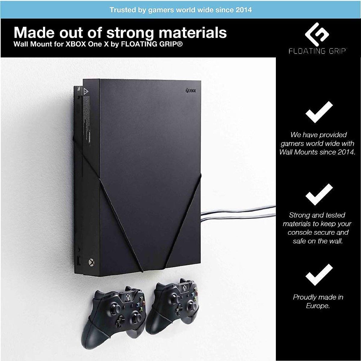 Xbox One X Wall Mount by FLOATING GRIP - Mounting Kit for Hanging Gaming Consoles - Strong & Slim Ropes - Easy-to-Install System (Bundle: Fits Xbox One X + x2 Controllers, Black)