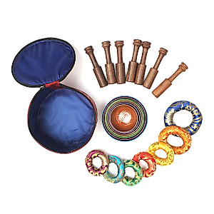 ESK GROUP Tibetan Singing Bowl Set of 7, Chakra Colors Decor Himalayan Singing Bowl w/ engraved Symbols, Handmade, Comes w/ silk cushions, 7 sticks, Flag & Silk Box, ESK-05