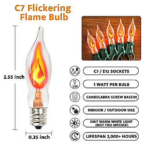 Aiyomt Christmas Flicker Flame Light Bulbs, Crystal Clear Chandelier Flickering C7/E12 Orange Flame Bulb for Electric Window Candles Halloween Party Christmas Decor, Flame Shaped, 1 Watts, 12 Pack