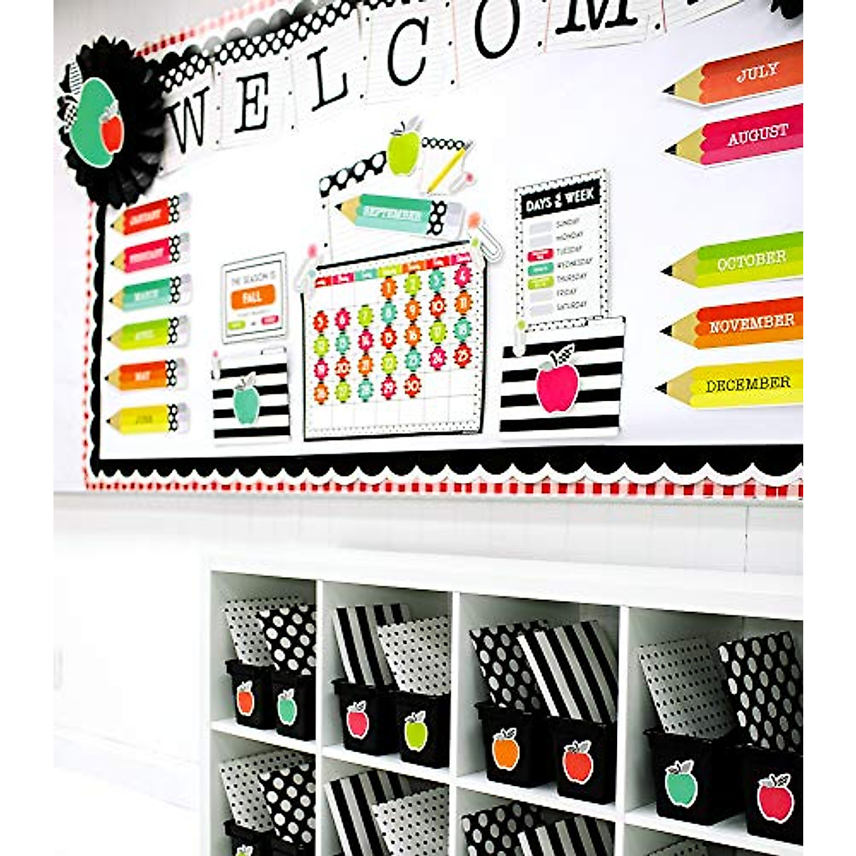 Schoolgirl Style Black, White and Stylish Supplies Bulletin Board Set?Notepad, Pencils, Pencil Pouches, Apple, Paper Clips, Scissors, Eraser, Glue Cutouts (23 pc)