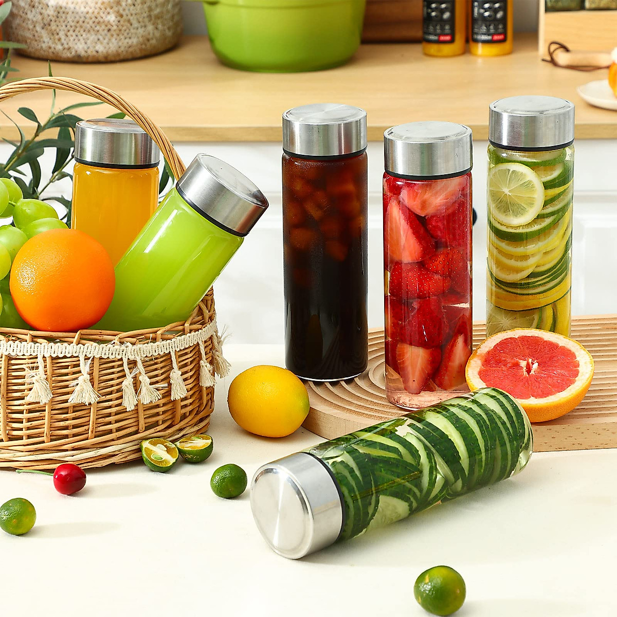 Moretoes 16oz Glass Juice Bottles, 6pcs Glass Bottles with Lids, Glass Water Bottles for Juicing, Glass Shaker Bottle with Stainless Steel Lids for Juices, Drinks, Smoothies