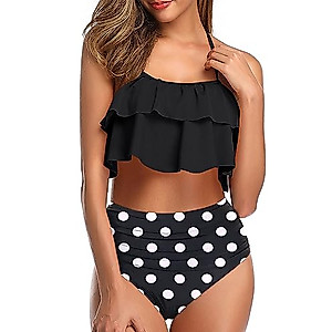 Tempt Me Women Black Polka Dot Two Piece Swimsuits High Waisted Bikini Teen Ruffle Tummy Control Bottoms Halter Bathing Suits M