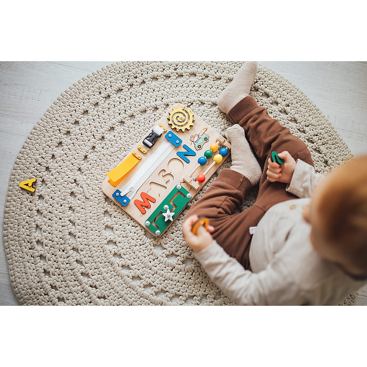 Name Puzzle Busy Board Custom Personalized Baby Gift Wooden Montessori Toys Learning Sensory Board Toddler Toys Fidget Zipper Buckle Plane Car Travel Boy Girl Latches Autistic Education Engaging Child