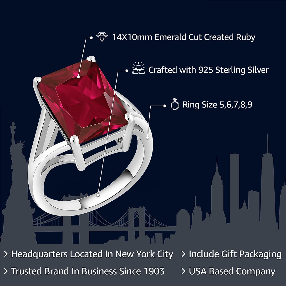 Gem Stone King 925 Sterling Silver Created Ruby Solitaire Ring For Women (8.00 Cttw, Emerald Cut 14X10MM, Available In Size 5, 6, 7, 8, 9)