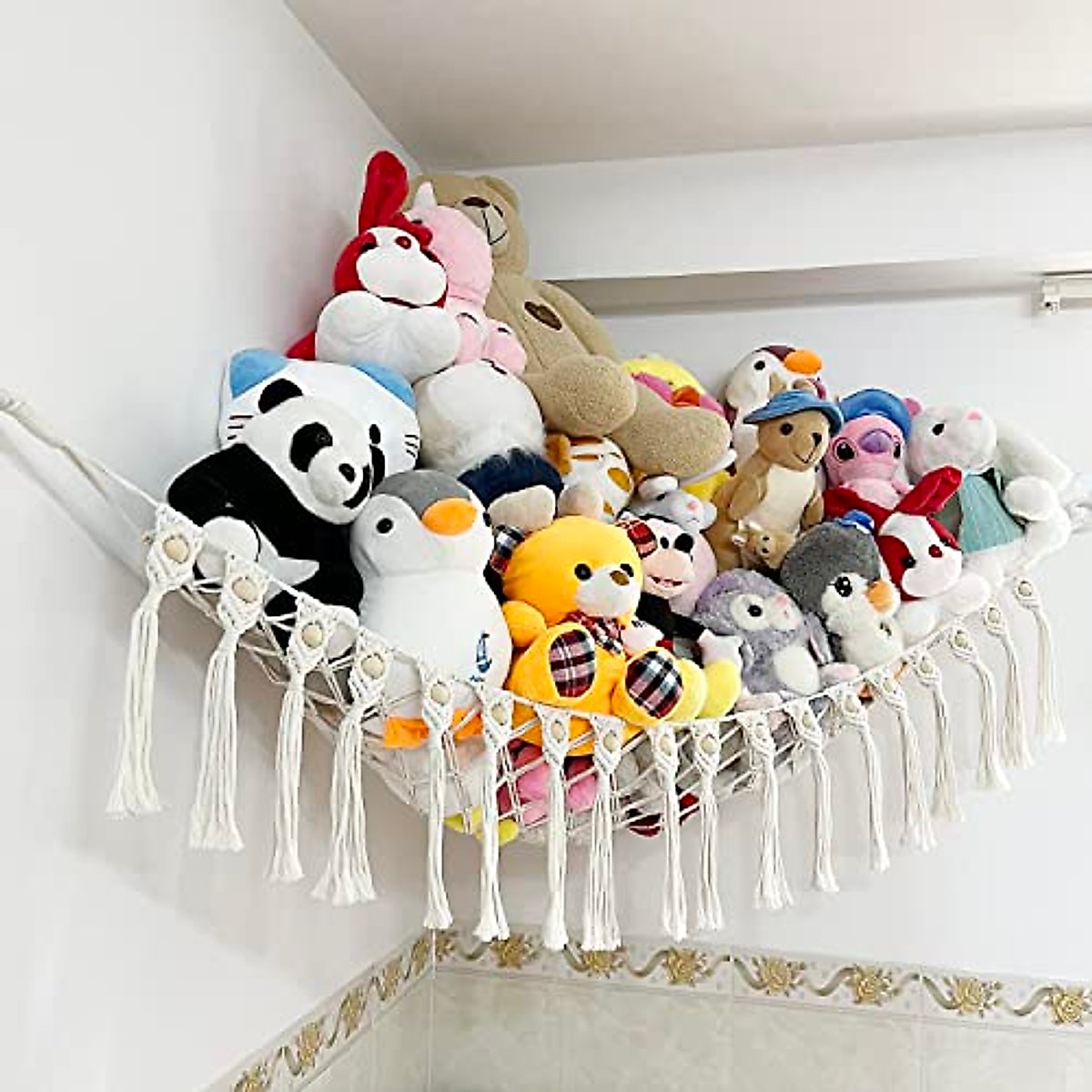 Stuffed Animal Net or Hammock, Boho Macrame Toy Hammock with LED Lights, Decorate Room Space Saving Pet Net for Stuffed Animals, Suitable for Nursery Playroom Kids Bedroom