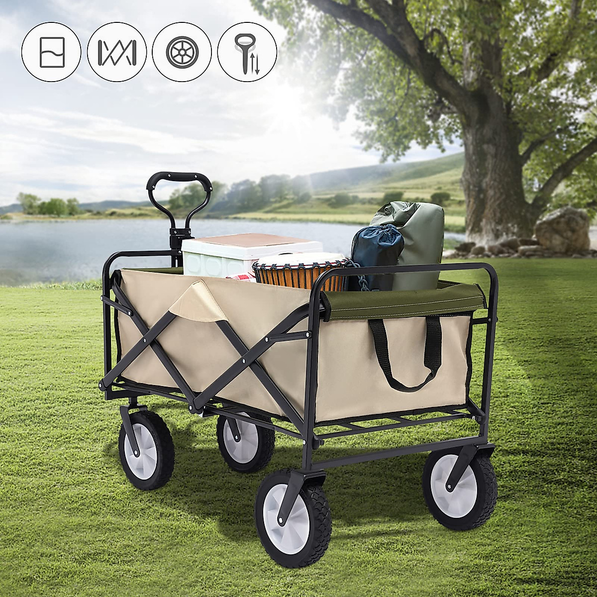 Wagon Cart with Wheels Foldable, Collapsible Grocery on Shopping for Groceries Folding Wagons Heavy Duty, 220lbs Load Capacity, Beach, Garden, and Shopping Utility Cart