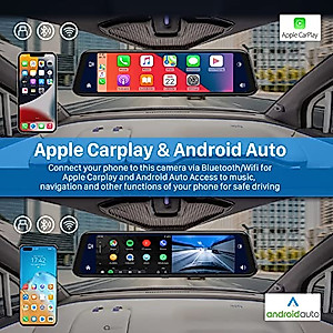 SENSEGO 12" 2K Mirror Dash Cam Carplay Android Auto Wireless 1440P Smart Rearview Backup Camera for Cars, Front and Rear View Dual Cameras, Voice Control, Night Vision, Parking Assistant, 32GB TF Card