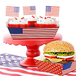 24 Pcs 4th of July Paper Food Tray American Flag Paper Food Tray Disposable Patriotic Party Decorations Red White and Blue Food Serving Trays Food Boat for Independence Day Memorial Party Supplies
