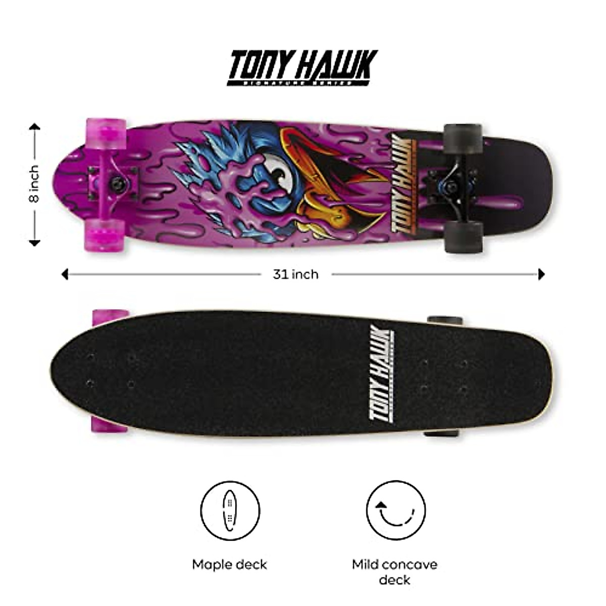 Tony Hawk 31" Complete Cruiser Skateboard, 9-ply Maple Deck Skateboard for Cruising, Carving, Tricks and Downhill, Pink Hawk