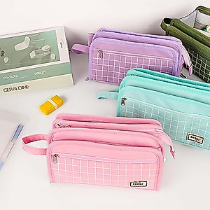 Sooez Large Pencil Case, Big Capacity Pencil Pouch Pen Bag with 3 Compartment, Portable Canvas Stationery Organizer with Zipper, Cute Aesthetic School Supplies For Teen Girls Boy College, Pink