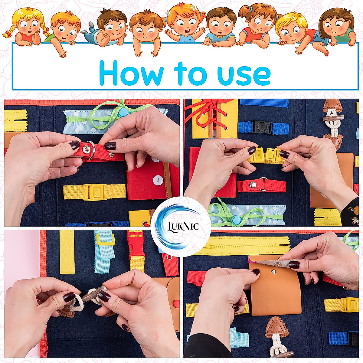 LukNic Busy Board Montessori and Sensory for Toddlers Toys for Children Learning Tool for Kids Portable Blue Felt Bag with Zipper Clock Activiti Kit