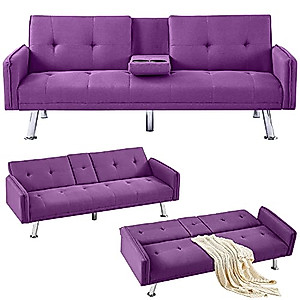 Lamerge Futon Sofa Bed,Convertible Upholstered Folding Sofa,Multi-Functional Sofa Couch for Compact Small Space,Apartment,Dorm,2 Cup Holders,72.4",Purple