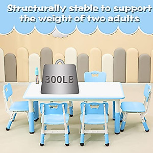 monleelnom Children's Table and Chair Set Suitable for Boys and Girls Age 2-12 Height Adjustable Table top Can be Painted with 6 Seats Suitable for Family Learning Daily use (Sky blueBlue)