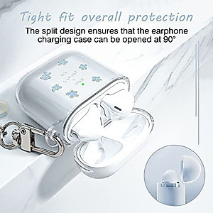 Newseego Compatible with Airpods 1&2 Case, Cute Clear Girl Fashion Blue Small Flower Design Full Protective Soft Silicone Cover with Blue Small Flower Keychain for Kids and Womens -Blue Flower