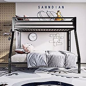 ikalido Metal Bunk Bed, Twin Over Full Size Beds with Sturdy Guard Rail & Removable Ladder, Space-Saving/Noise-Free/Matte Black