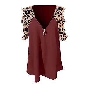 Bravetoshop Women's V Neck Zipper Tops Sexy Cold Shoulder Short Sleeve Flowy Shirts Summer Casual Blouse Tunic Tops (Red,S)