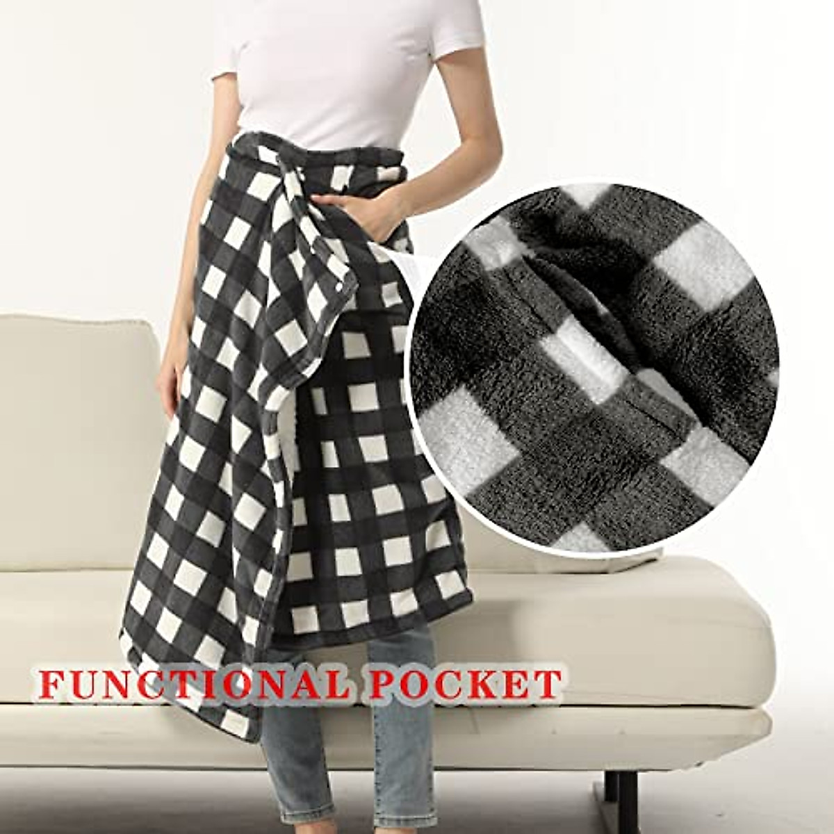 Soft Fleece Throw Blanket, Substitute for Wearable Blanket- Inside Cozy Sherpa and Outside Comfy Fleece Poncho Blanket with Buttons (Grey, 63" L×30" W)