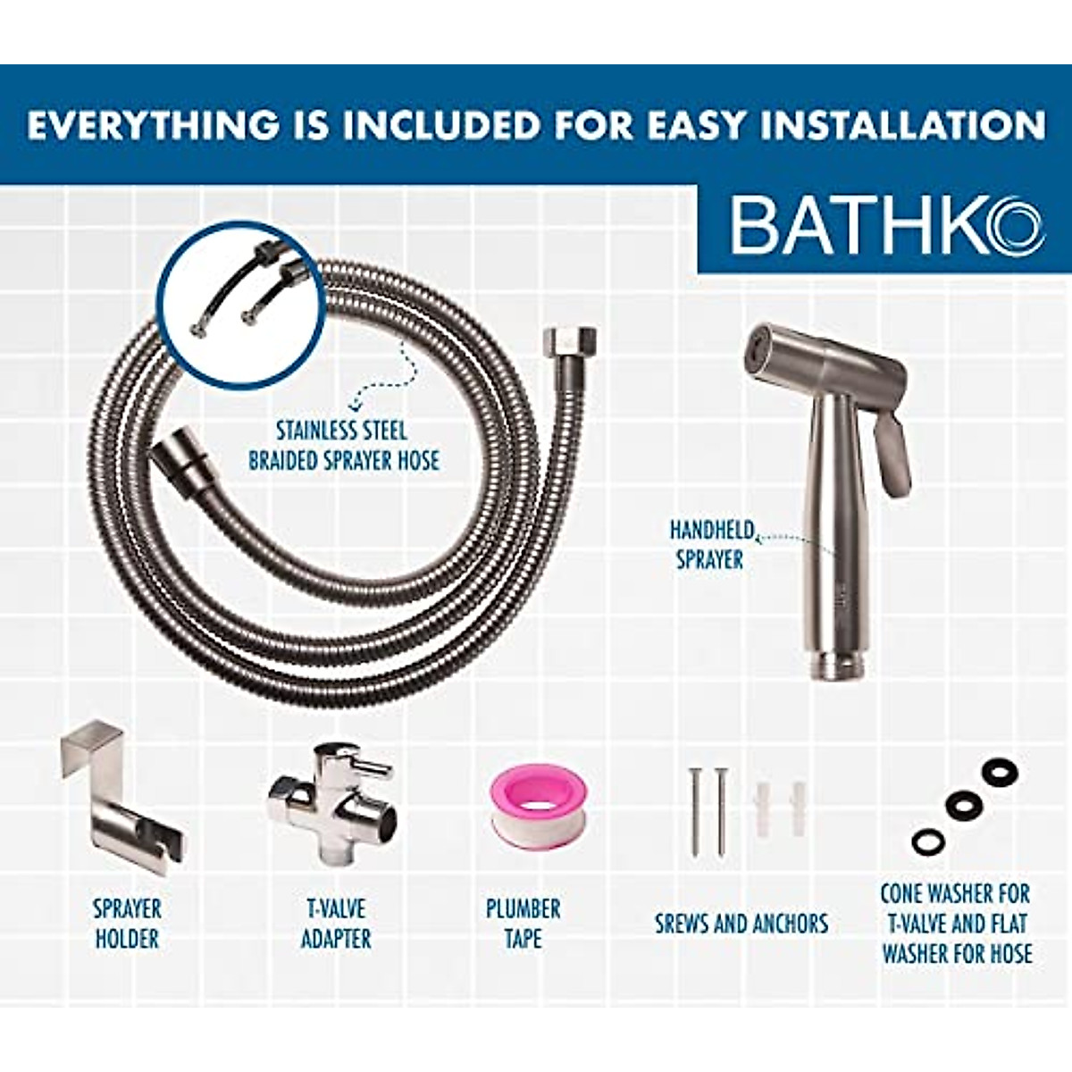 BATHKO Handheld Shattaf/Bidet Sprayer Set for Toilet - Jet Spray with Adjustable Pressure Control - Easy to Install with Leak Proof Technology - Stainless Steel Satin Finish Toilet Sprayer Kit