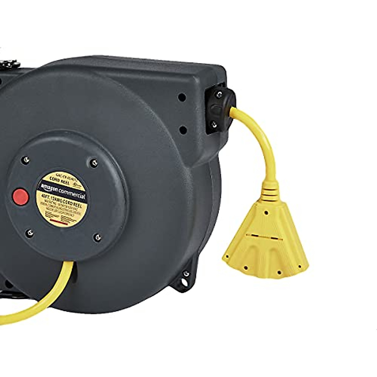 AmazonCommercial Extension Cord Reel Heavy Duty Retractable 12AWG x 40' Feet Industrial Grade 3C/SJT Cable with Triple Tap Connector and Swivel Bracket Power Rating 15A 125VAC 1875W 60Hz, Black