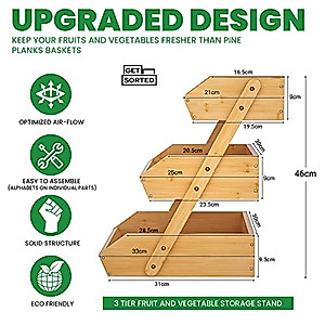 GET SORTED Bamboo Fruit Basket 3 Tier — 33+ Lbs Capacity, 12mm Thickness, Raised Bottom & 2 Hooks — Ideal for Bread, Toiletries, Snacks, Seasonings - Fruit Bowl for Kitchen Counter, Dining Table, etc