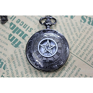 TARAKI Gun Black Pentagram Pocket Watch, Wicca Watch,Pentagram Watch Necklace