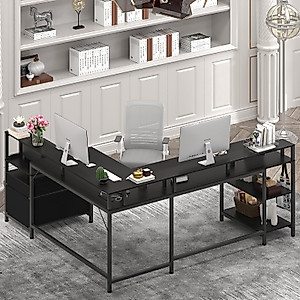 YOMILUVE L Shaped Desk with File Drawer and Storage Shelves, Reversible Computer Desk with Power Outlet for Home Office, Corner Gaming Desk with Full Monitor Stand