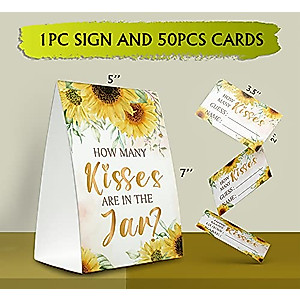 Guess How Many Kisses Are in the Jar Game (1 Standing Sign + 50 Guessing Cards),Sunflower Greenery Golden,Bridal Shower Sign,Baby Shower Sign - XH06