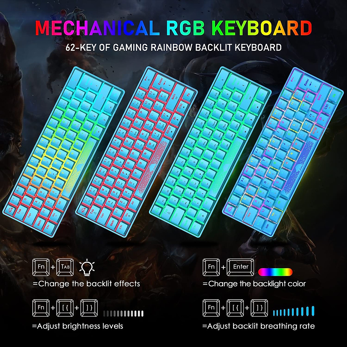 GK61Pro Mechanical Gaming Keyboard and Model Mouse Combo,Wired 18 Chroma RGB Backlit 62key Anti-ghosting Honeycomb Gaming Mouse 12000 DPI Ergonomic for Windows PC Gamers Typists（Blue/Blue Switch）