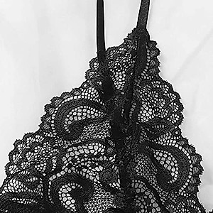 wodceeke Womens One Piece Lingerie Deep V Teddy Sexy Lace Bodysuit Home pajamas (Black, L)