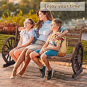 kinbor Wooden Rustic Wagon Wheel Bench, Outdoor Bench Seat, Patio 2-Person Bench with Backrest