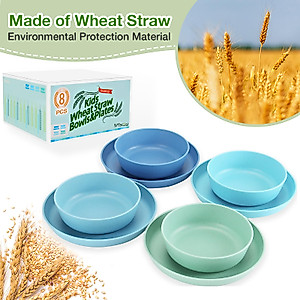 Mfacoy Wheat Straw Kids Plates and Bowls Set, Unbreakable Kids Dinnerware Set - 4 Pcs 7.75" Dinner Plates & 4 Pcs 18 oz Cereal Bowls, BPA Free, Microwave & Dishwasher Safe, Reusable Childrens Dishes