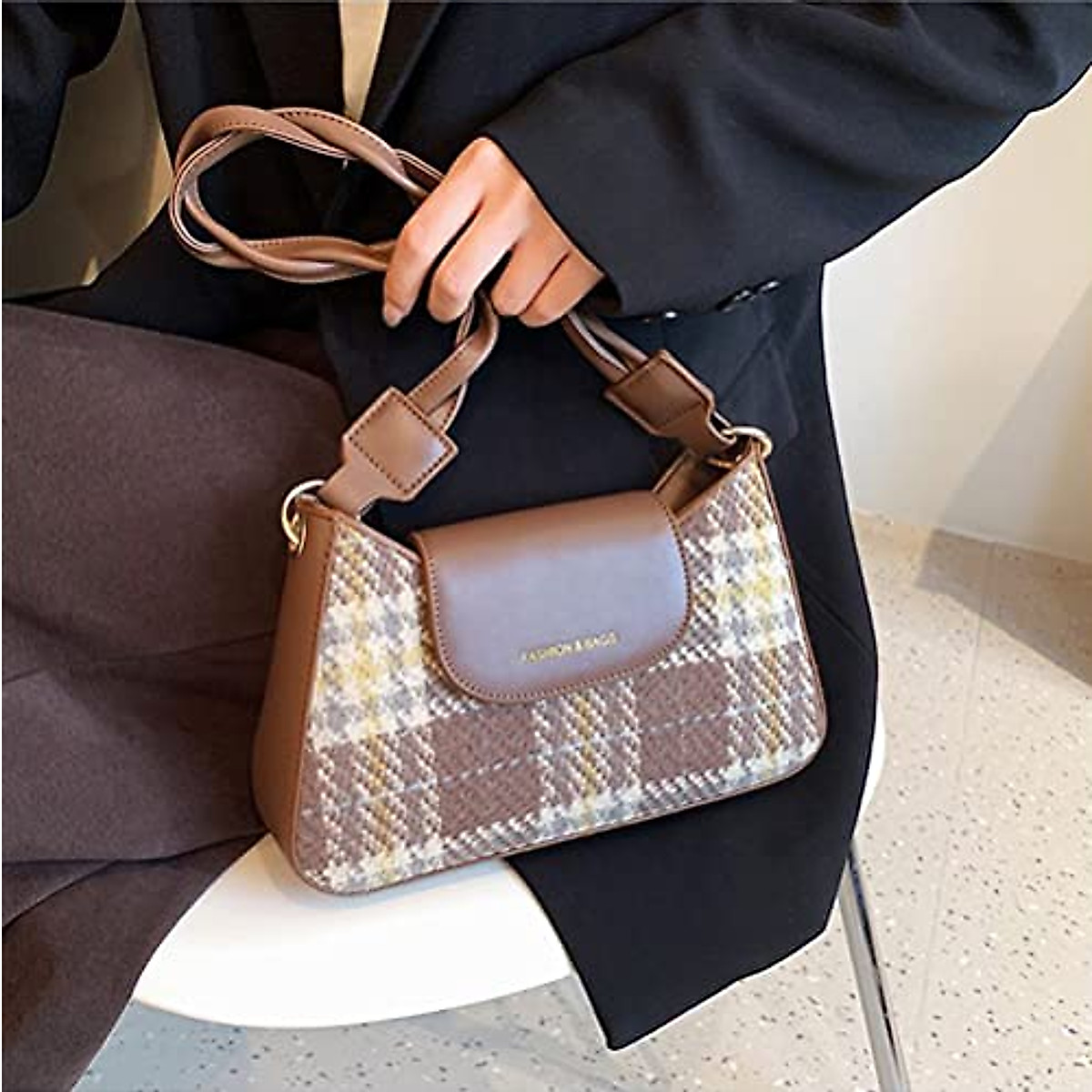 RTGGSEL Trendy Women‘s Lattice Plaid Striped Woolen Saddle Crossbody Shoulder Handbags Underarm Satchel Tote Clutch Purse Hobo Bag (Coffee)