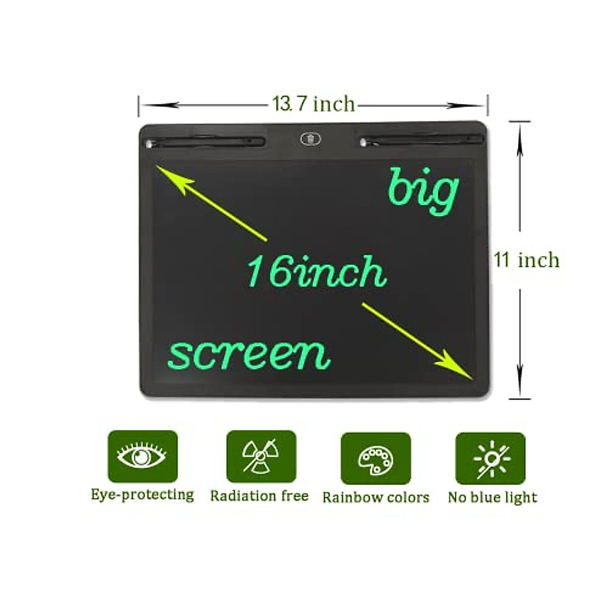 Large LCD Writing Tablet 16 Inch Screen 4 Adult & Kid, Standalone Electronic Graphic Drawing & Doodle Pad No Computer Needed, Erasable Message Board w 2 Styluses, (Black Case, Green Writing Color)