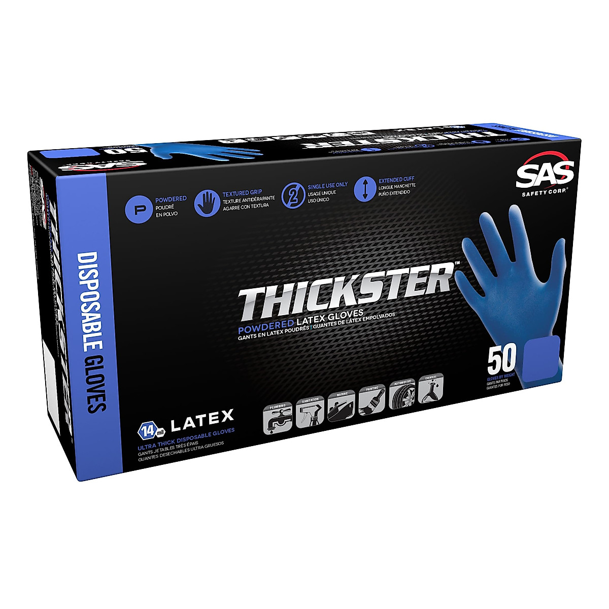 SAS Safety 6604 Thickster X-Large Textured Exam Grade Latex Gloves, Blue