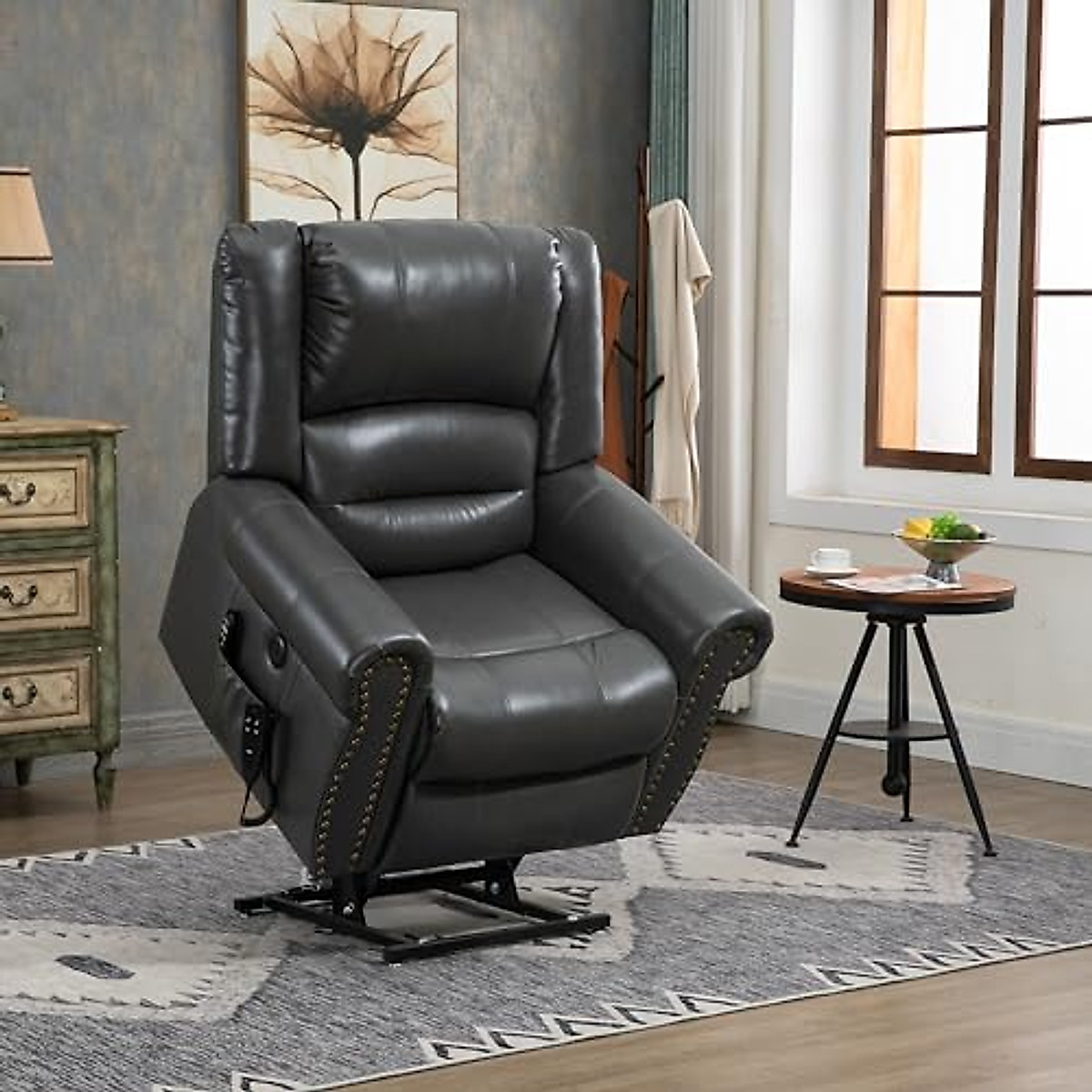 Electric Lift Chair Power Recliner,Reclining Lifting Single Sofa Armchair with Heat and Massage,Heavy Duty Dual Motor Faux Leather Upholstery Lazy Lounge Couch w//USB Ports,Side Pockets&Nailed Decor