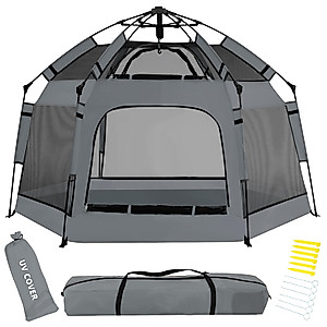 Baby Playpen with Canopy, 2023 Newest Pop Up Baby Beach Tent with Safety Lock, Portable Toddler Play Yard with Travel Bag, 6 Ground Stakes, 6 Sand Stakes, 1 UV Cover for Indoor Outdoor Beach