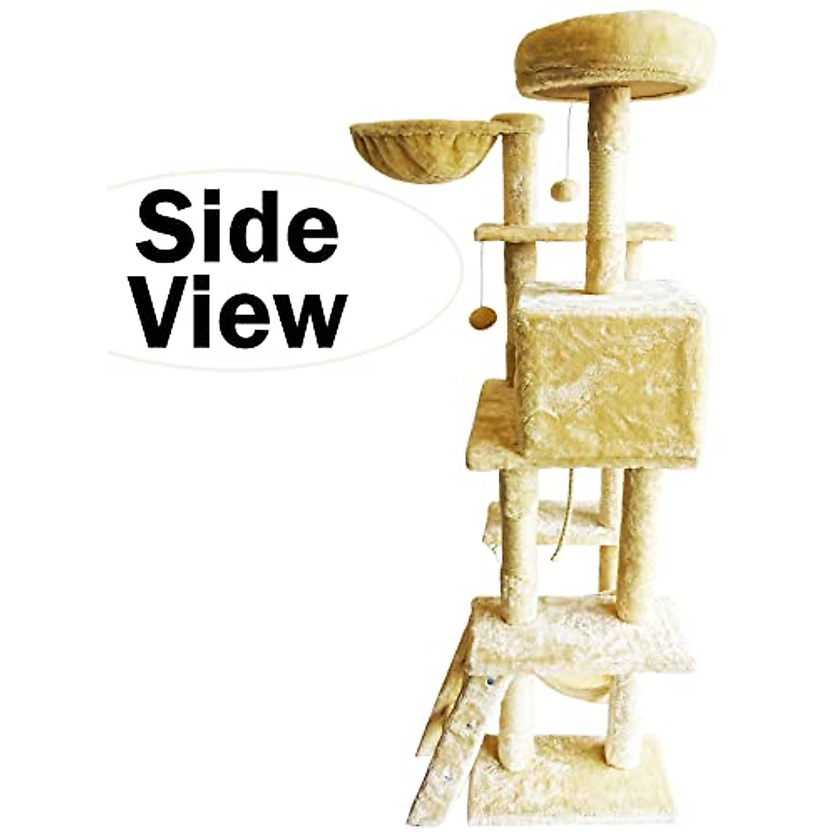 Beige Cat Tree Tower for Indoor Cats & Kittens, 57" Tall Multi-Level with Comfy Perch & Basket, Hideaway Condo, Sisel Scratcher Posts & Ladder, Ball Toys, & Dangling Rope - by SciencePurchase