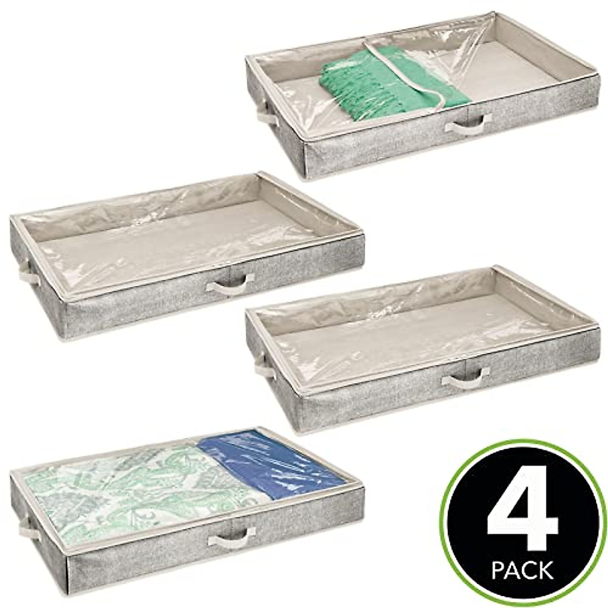 mDesign Soft Fabric Under Bed Storage Organizer Holder Bag for Clothing, Accessories, Linen - Easy-View Top Panel, Attached 2-Way Zippered Lid, Side Handles - 4 Pack - Black/Cream/Beige