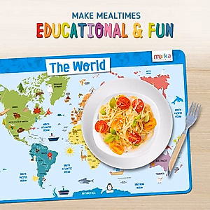 merka Kids Placemat Kids World Map Kids Placemats for Dining Table World Atlas Map Countries Continents and Oceans Non-Slip Reusable Placemats