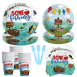 Xenorik Gone Fishing Party Decorations Tableware - Fish Fishing Birthday Party Supplies, Paper Plate, Cup, Napkin, Fork, Little Fisherman Fishing Birthday Baby Shower Table Decorations | Serve 24