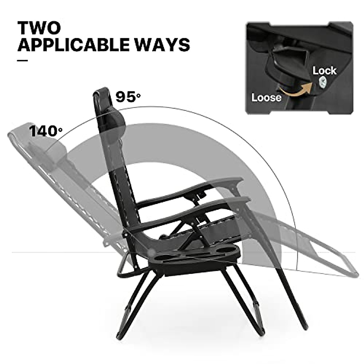 MoNiBloom 2 Pack Patio Zero Gravity Chair Outdoor Folding Adjustable Reclining Black Chairs Pool Side Beach Lawn Lounge Chair with Pillow and Cup Holder, 330lbs Capacity, Black
