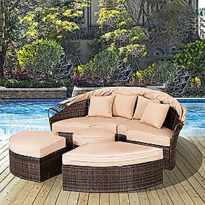 Patiomore Patio Round Daybed with Retractable Canopy, Clamshell Sectional Seating Brown Wicker Outdoor Furniture with Washable Cushions for Patio Backyard Porch Pool
