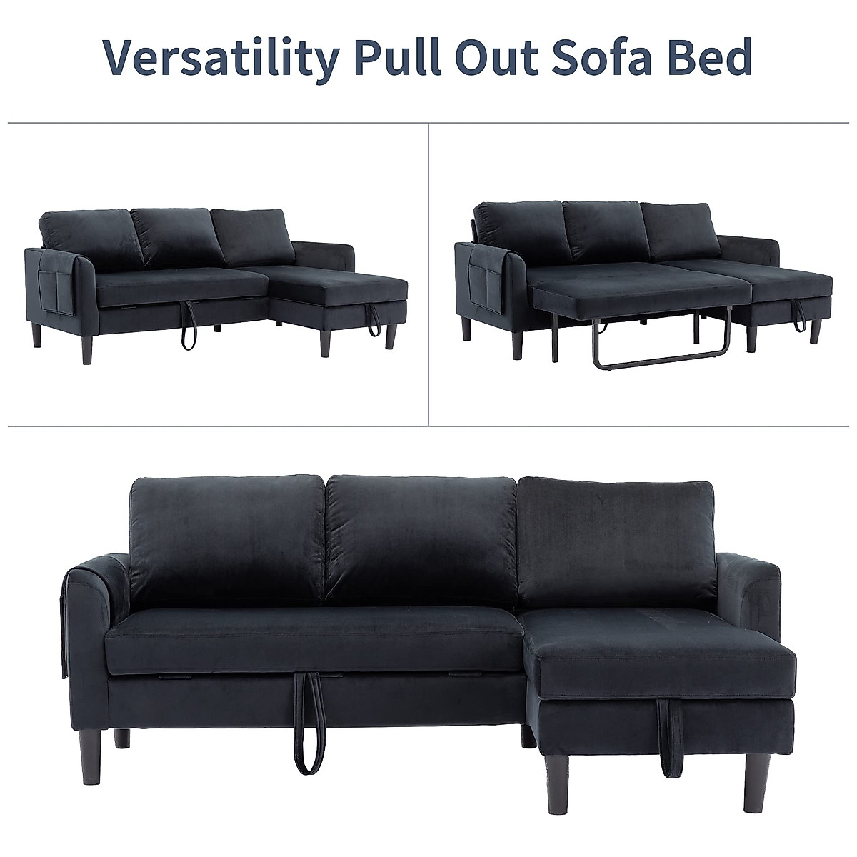 Hdxdkog L-Shaped Sectional Sofa with Pull-Out Bed 72" Sleeper Sofa Bed with Storage Chaise Lounge and Pocket, Upholstered Corner Couch for Living Room Home Office (Black)